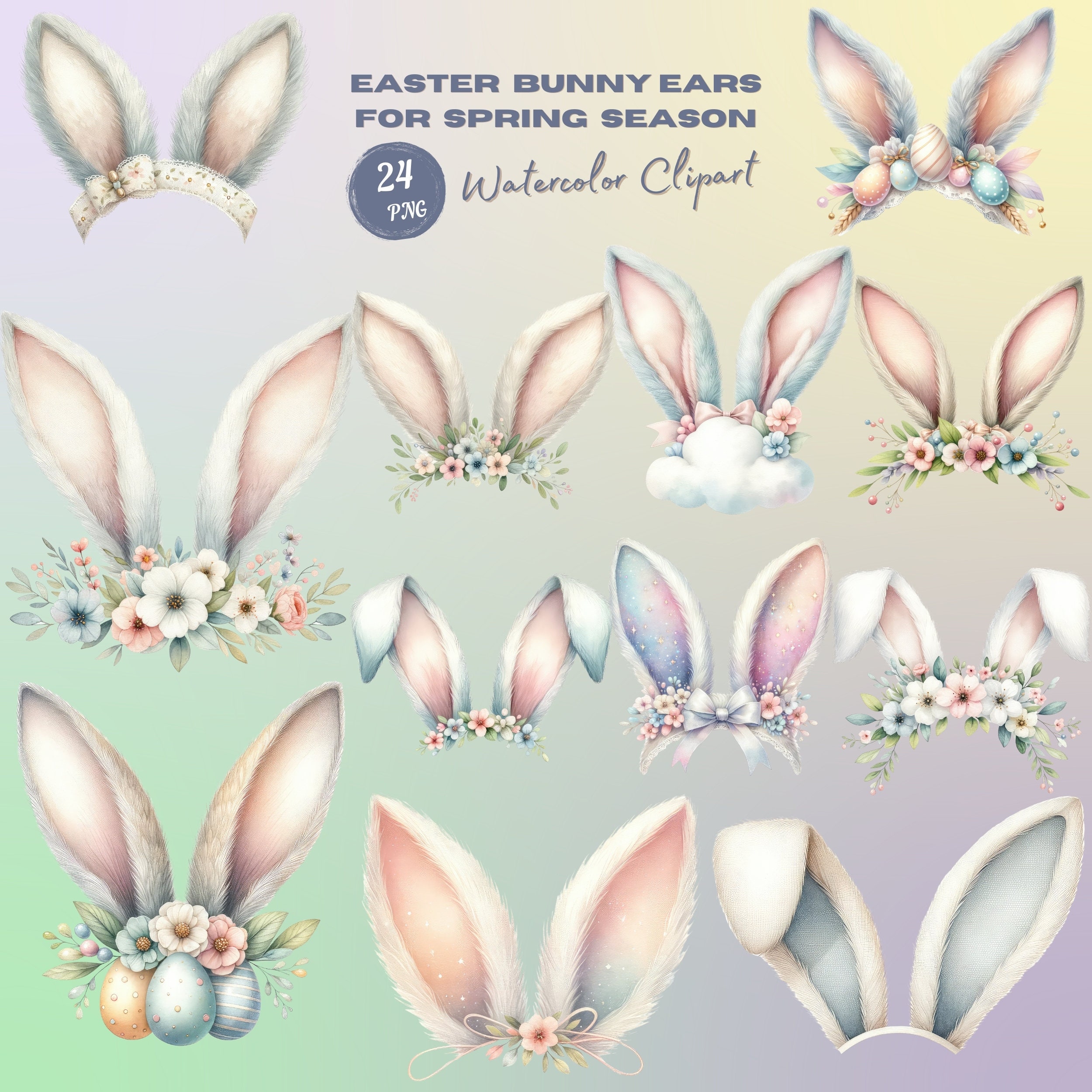 Watercolor Easter Bunny Ears Clipart. Easter Bunny Ears & Spring Floral ...