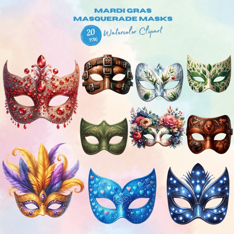Watercolor Masks for Mardi Gras - Masquerade Clipart, Colorful and ...