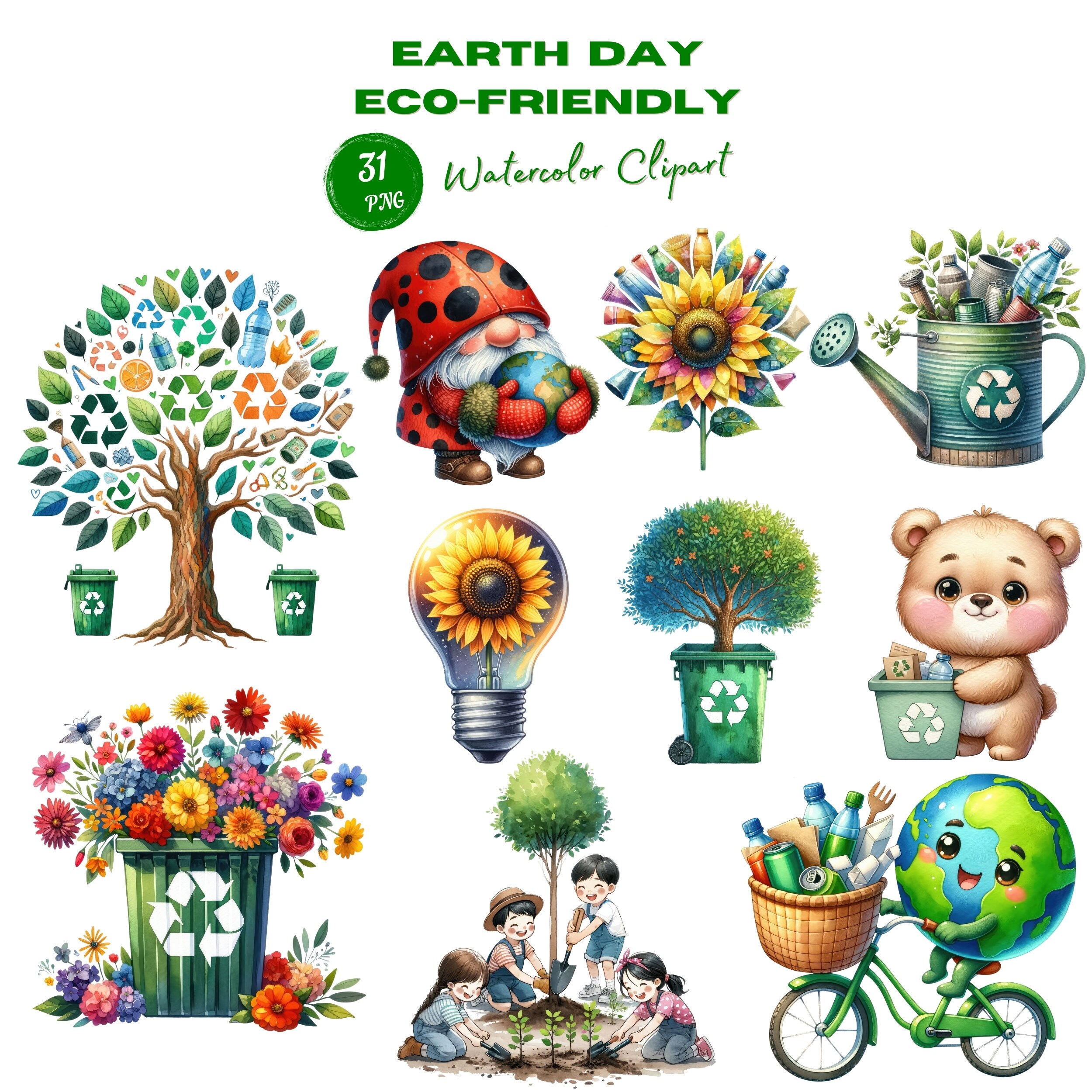 Watercolor Earth Day Clipart for Eco-friendly Digital Download ...