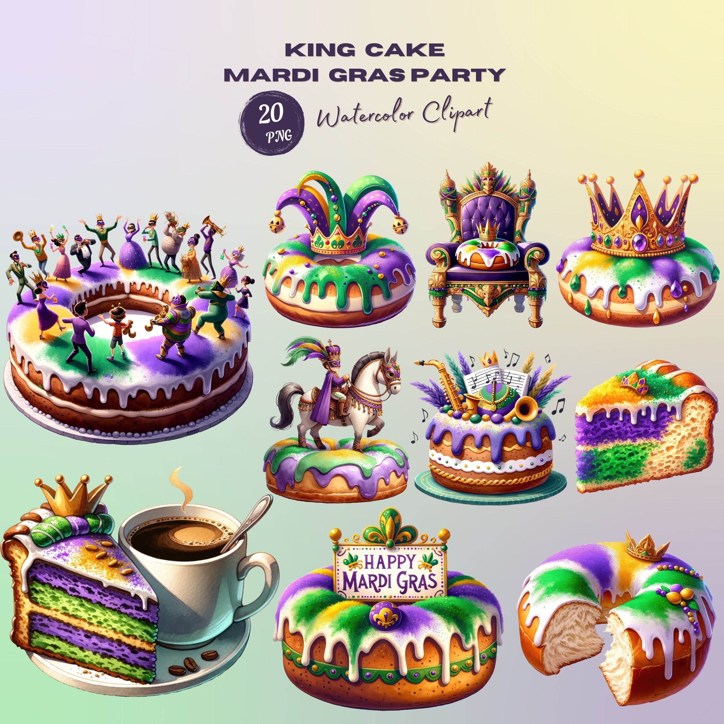 Watercolor King Cake Mardi Gras Clipart. Art of Festive New Orleans ...
