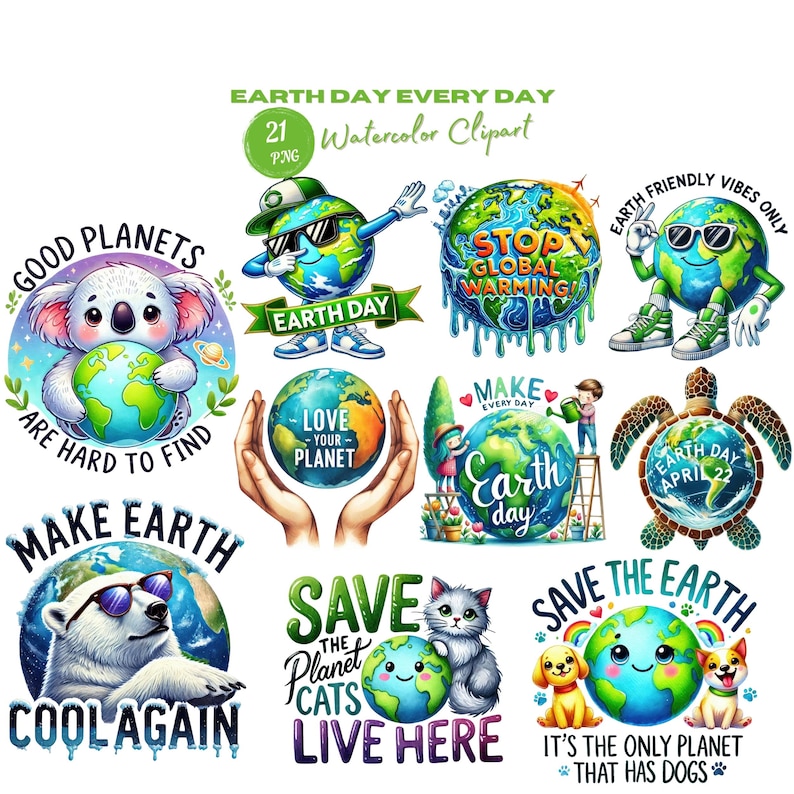 Watercolor Earth Day Clipart. Environmental Awareness Images. Planet ...
