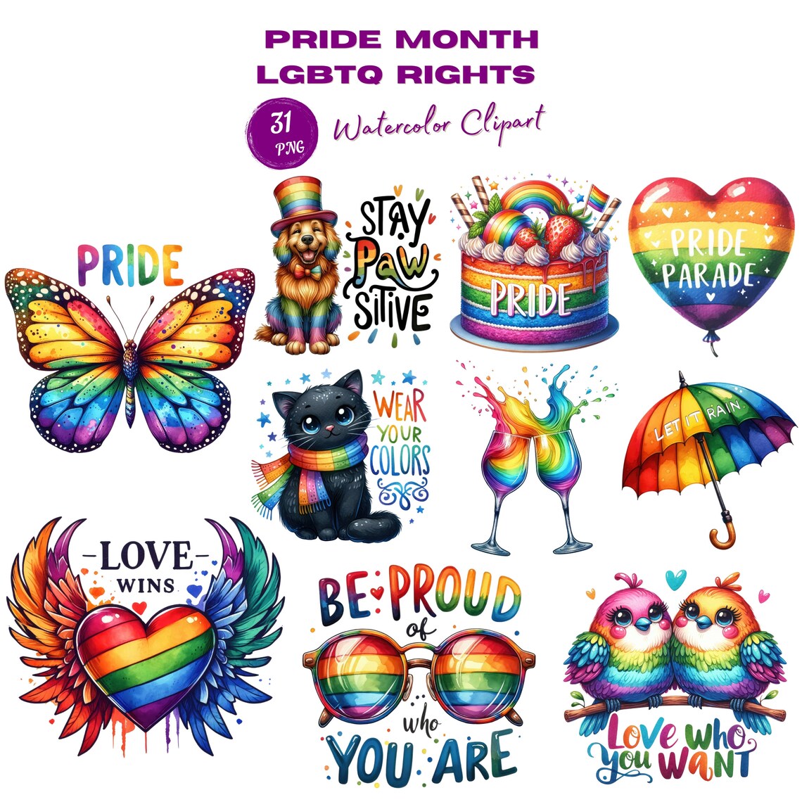 Watercolor Pride Month Clipart LGBTQ Art for Pride Month. Rainbow Flag ...