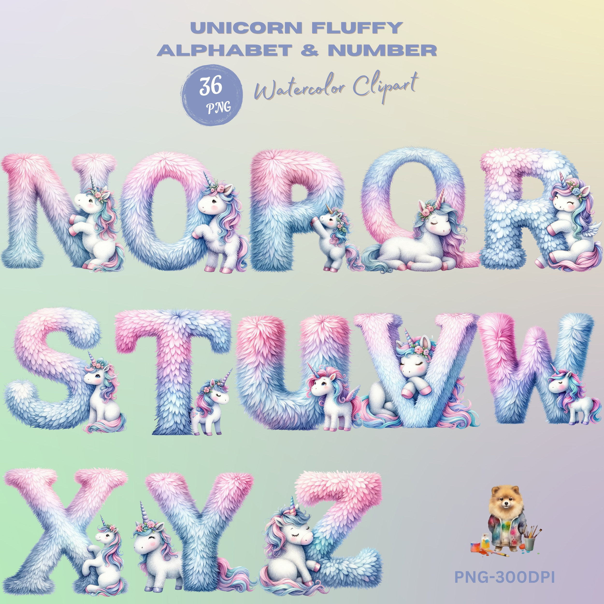 Watercolor Unicorn Alphabet Letters and Numbers With Fluffy Texture ...