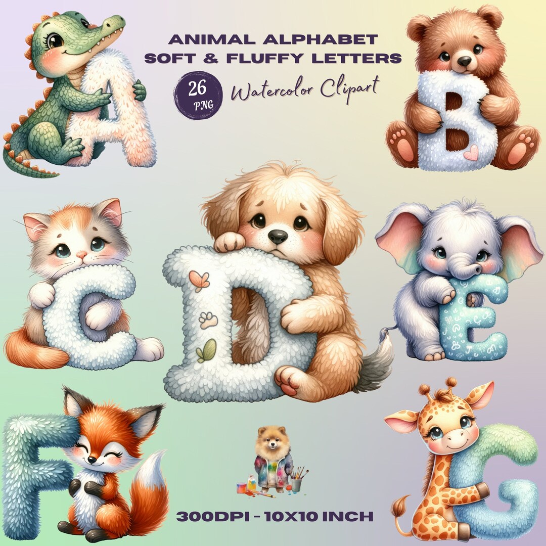 Watercolor Animal Alphabet Clipart - Soft and Fluffy Texture for ...