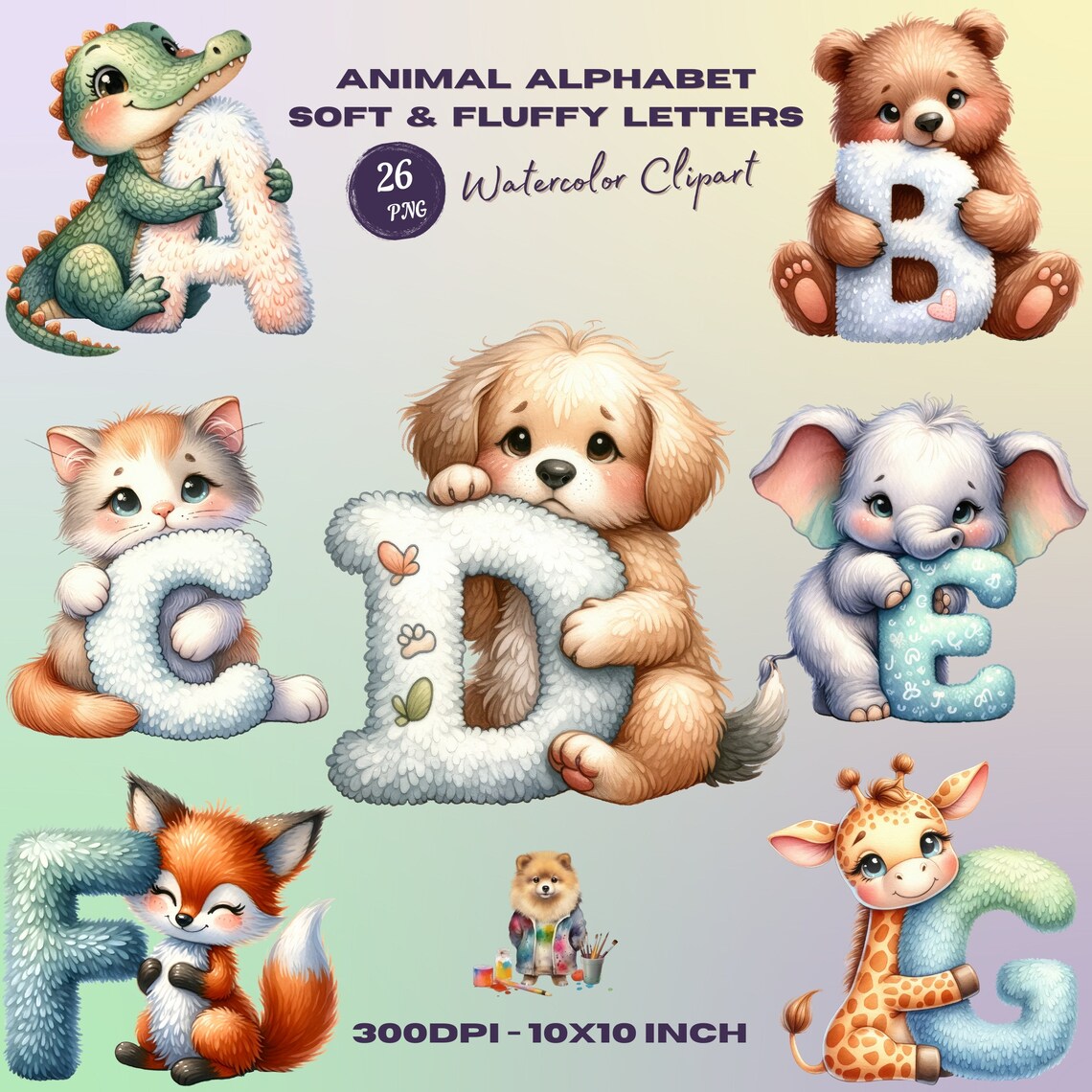 Watercolor Animal Alphabet Clipart Soft and Fluffy Texture for Nursery ...