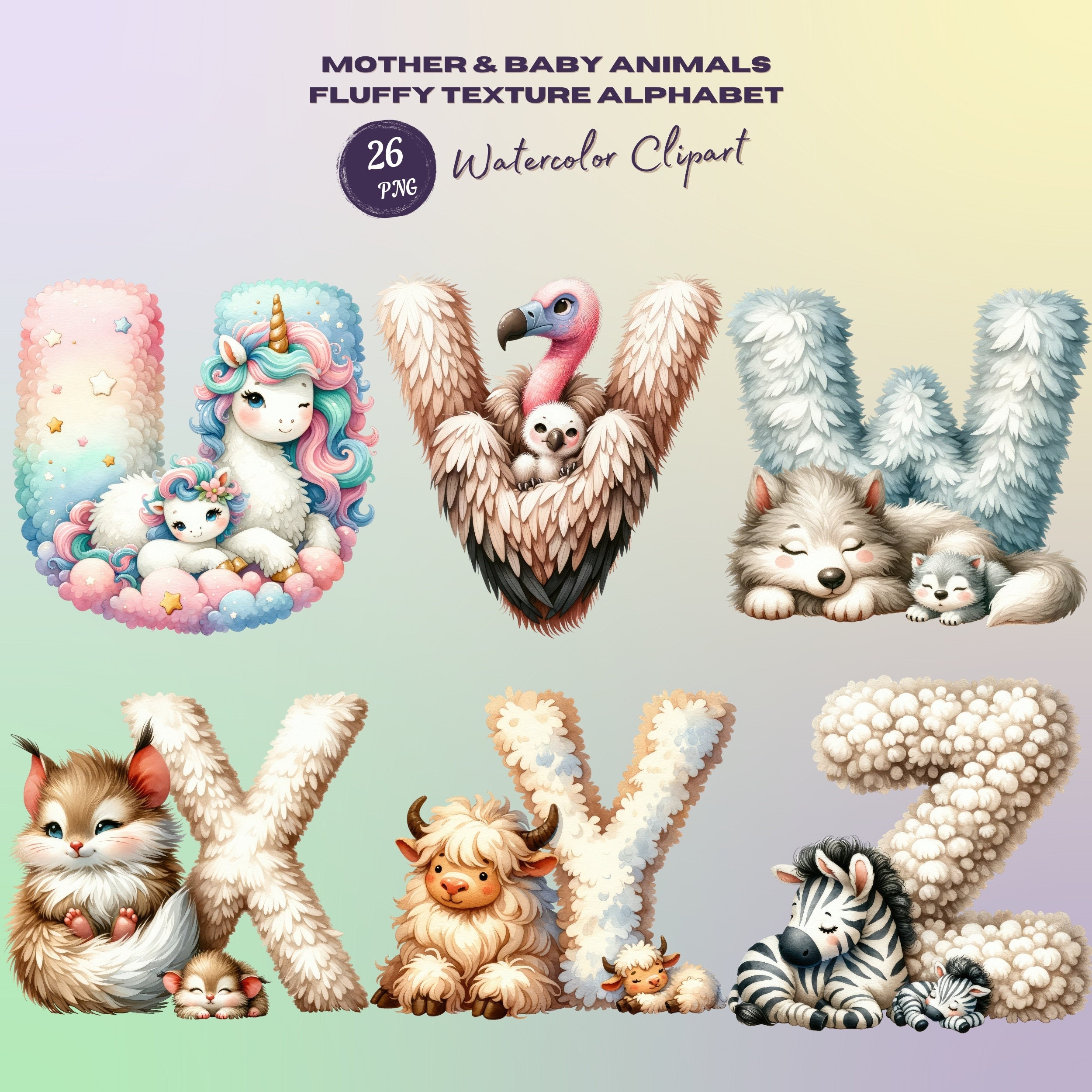 Watercolor Mother and Baby Animals Clipart. Mother's Day Alphabet ...