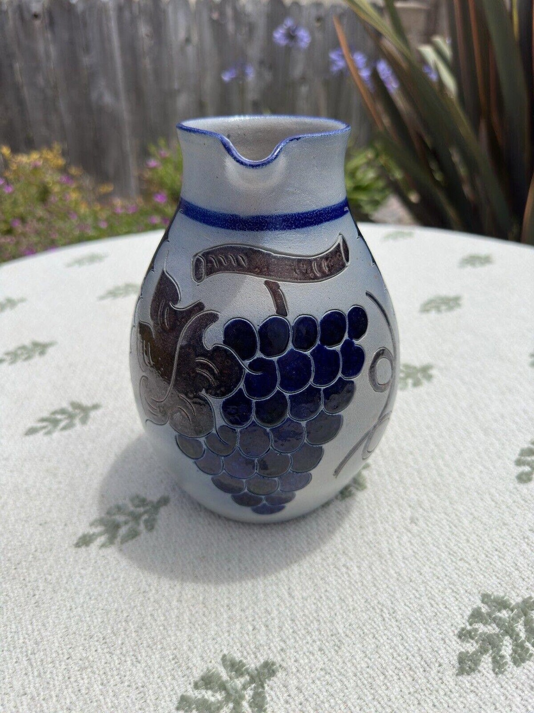 Vintage Handarbeit SALT Glazed Art Pottery Blue Jug Pitcher SIGNED 7.5 ...