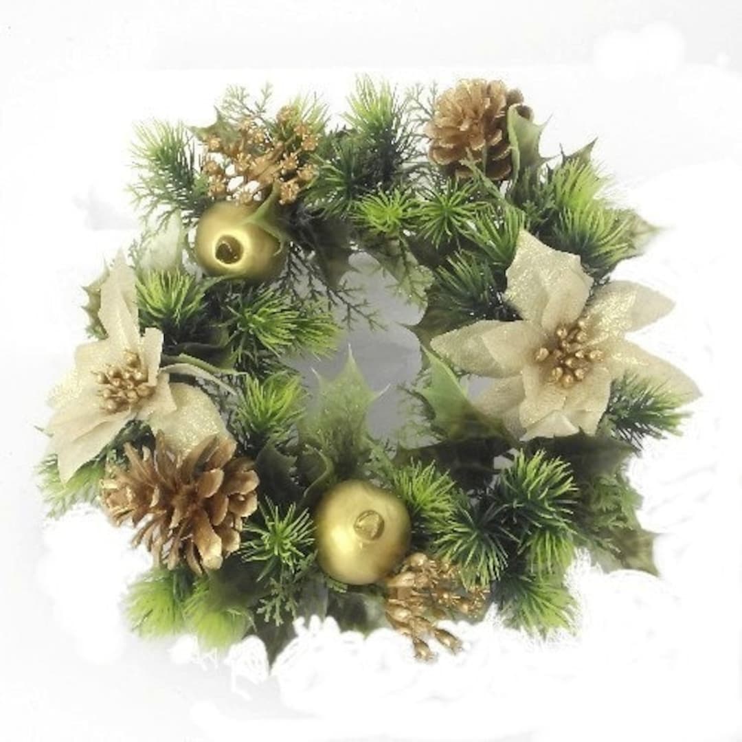 11'' Artificial Christmas Winter Wreath With Gold Poinsettia, Holly ...