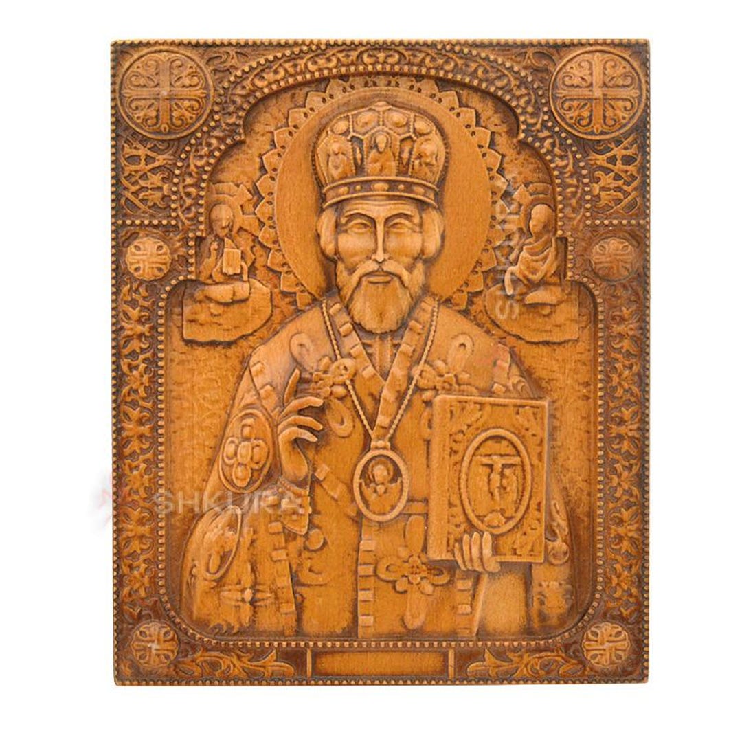 Carved Saint Nicholas Icon - 18x14 Cm Handmade Beech Wood Religious ...
