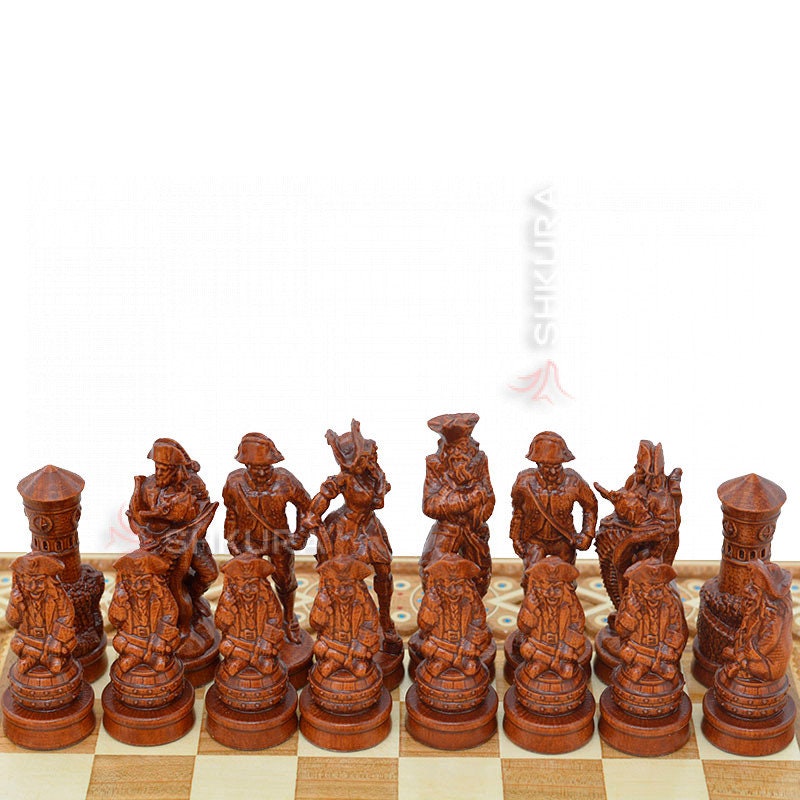 Handcrafted Pirate-themed Chess Set, 50x50 Cm, Bead Inlay, Wooden ...