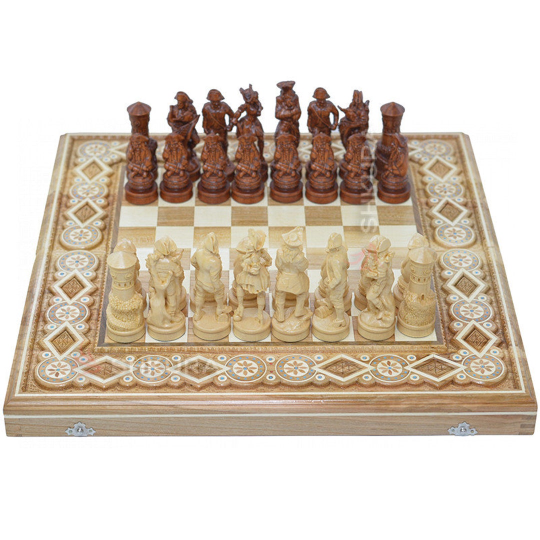 Handcrafted Pirate-themed Chess Set, 50x50 Cm, Bead Inlay, Wooden ...