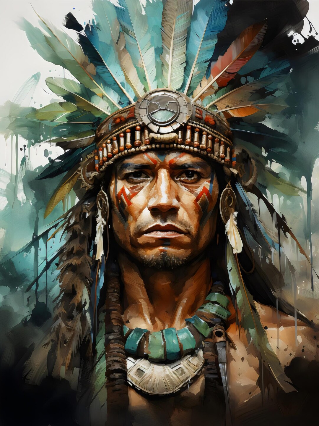 Maya Warrior King Portrait Watercolor Art Print Tribal Aztec Decor ...