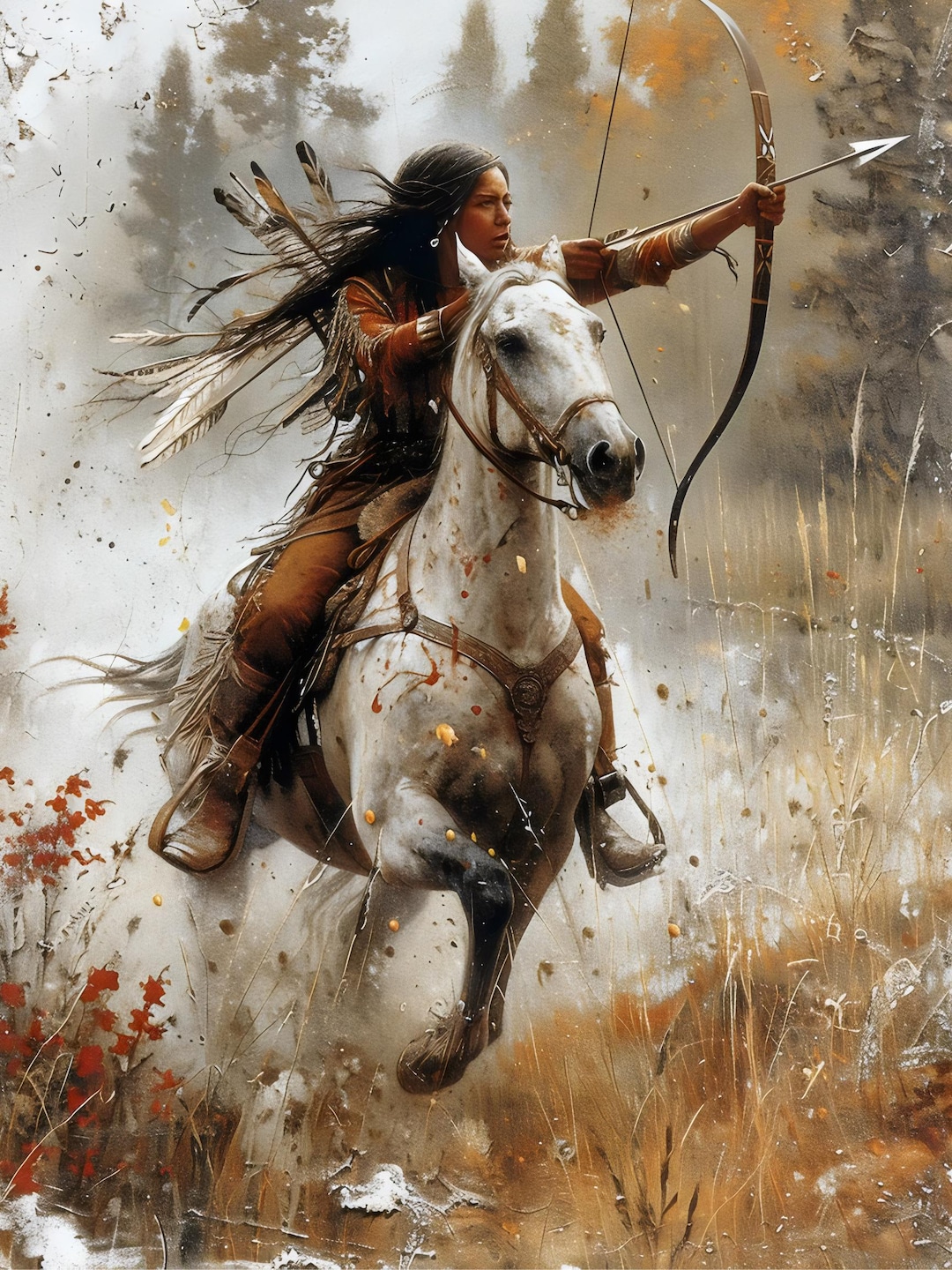 Comanche Warrior Woman Art: Native American Archer on Horse (PNG Files ...