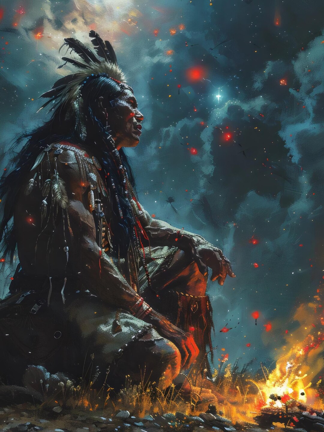 Muscogee Warrior in Meditation by Fire Gift Poster Native American ...