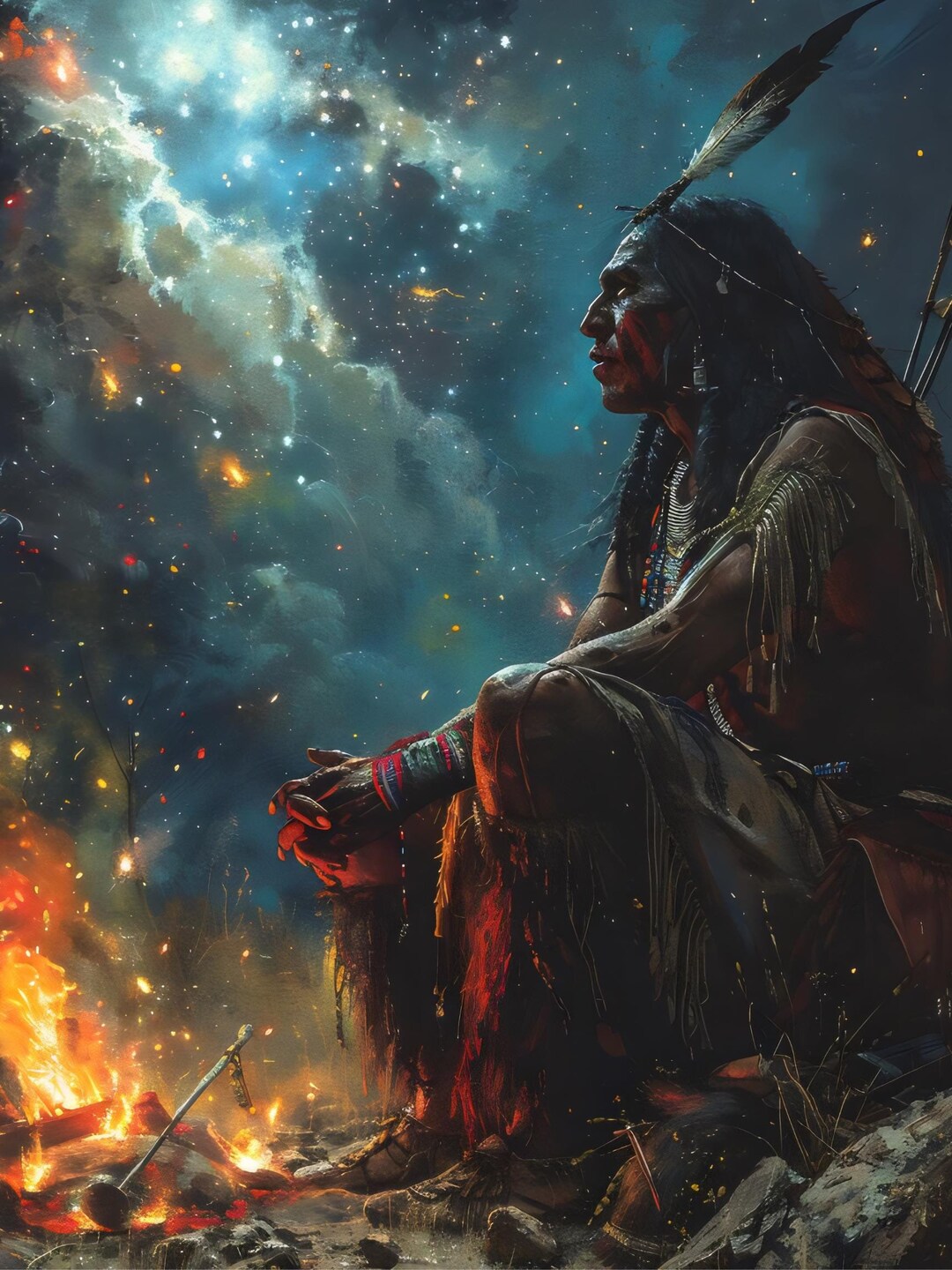 Muscogee Warrior in Meditation by Fire Gift Poster Native American ...