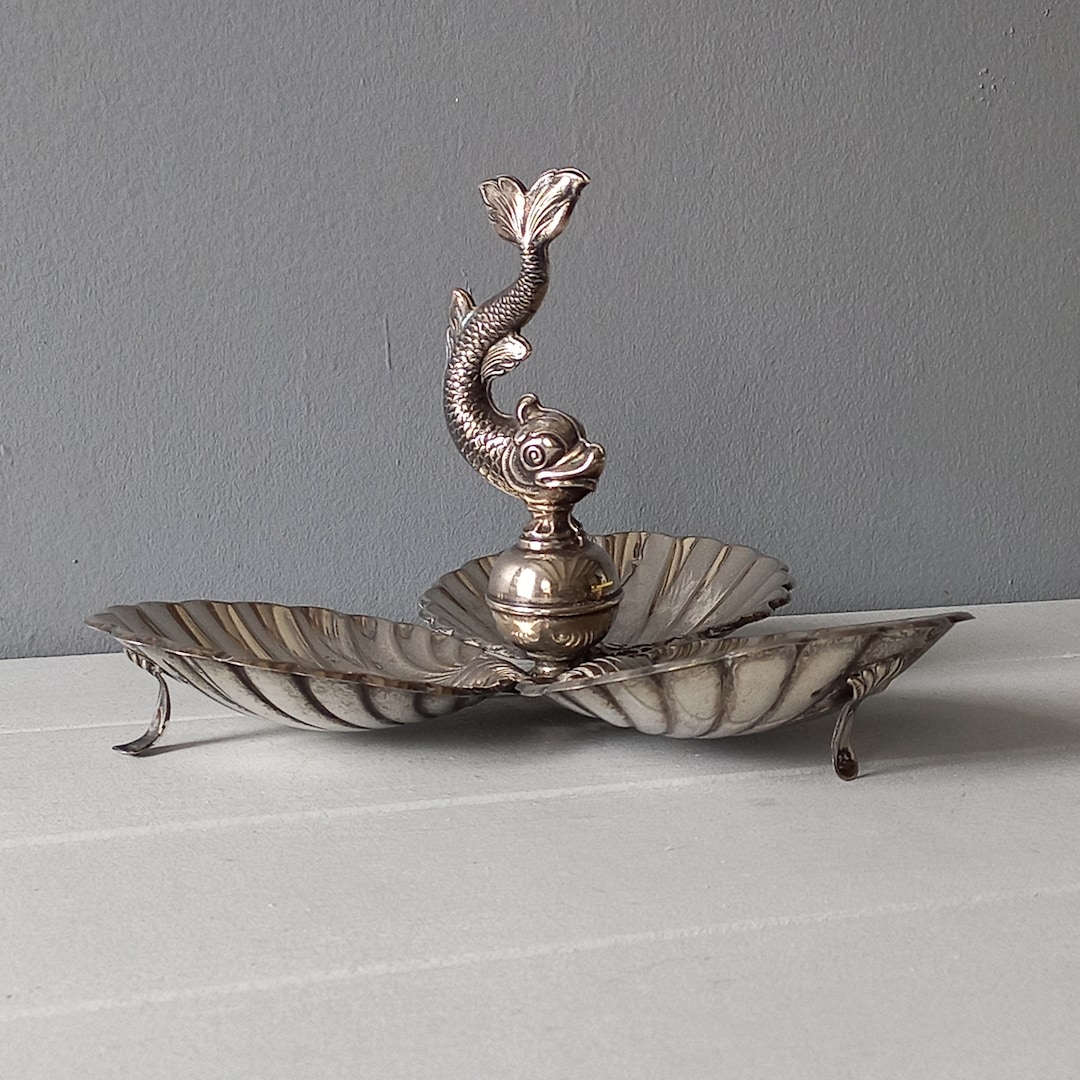 Art Deco Clam Shell and Dolphin Dish, French Vintage Silver Plated Clam ...
