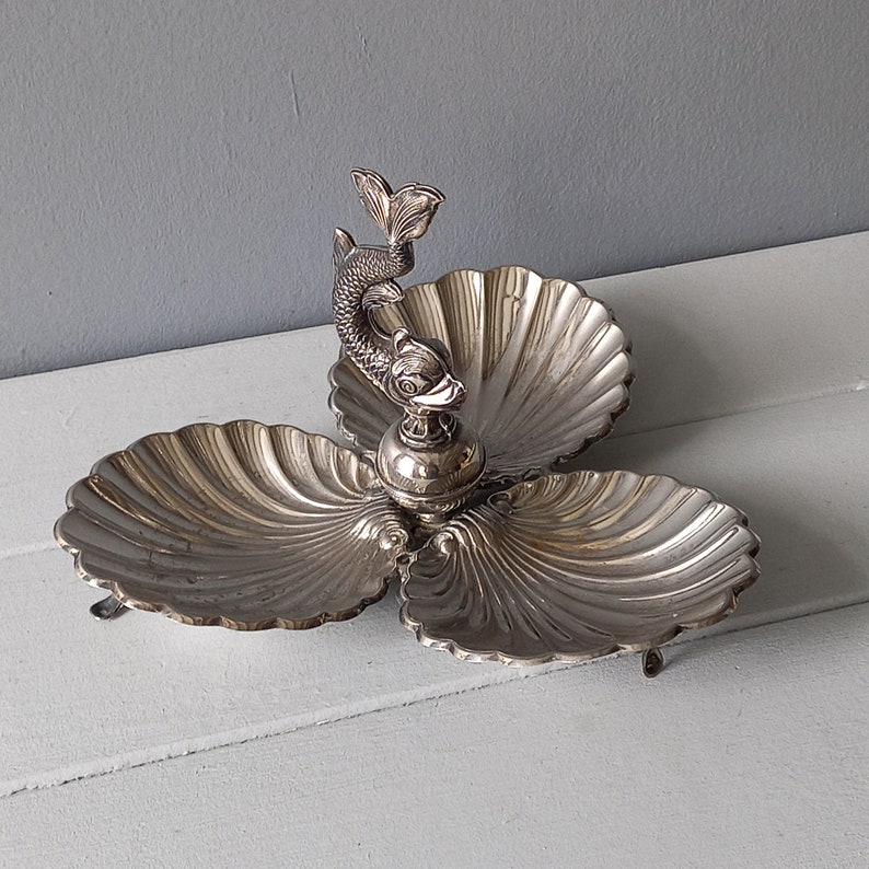 Art Deco Clam Shell and Dolphin Dish, French Vintage Silver Plated Clam ...