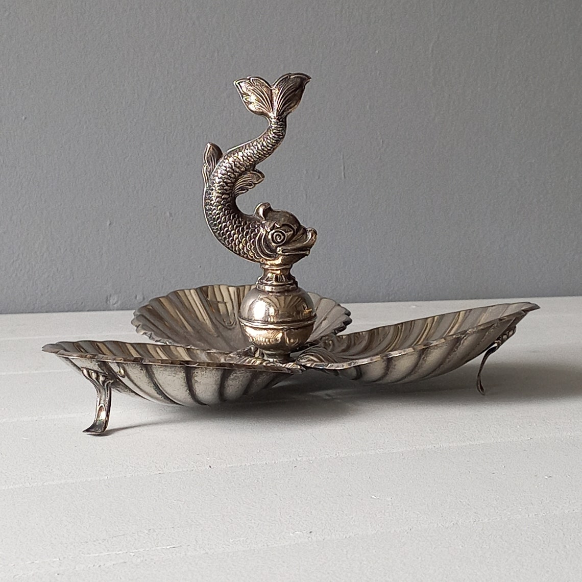 Art Deco Clam Shell and Dolphin Dish, French Vintage Silver Plated Clam ...