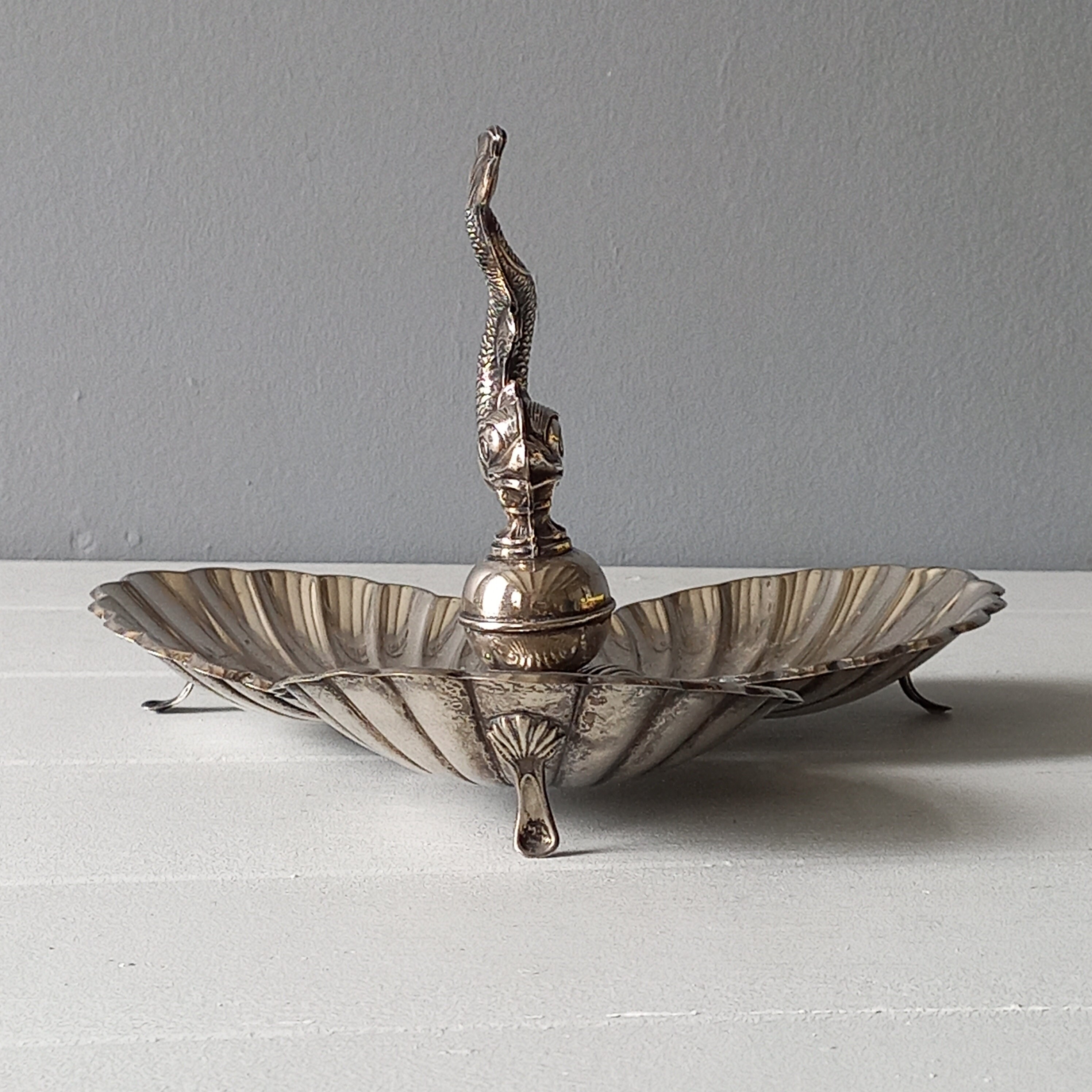 Art Deco Clam Shell and Dolphin Dish, French Vintage Silver Plated Clam ...