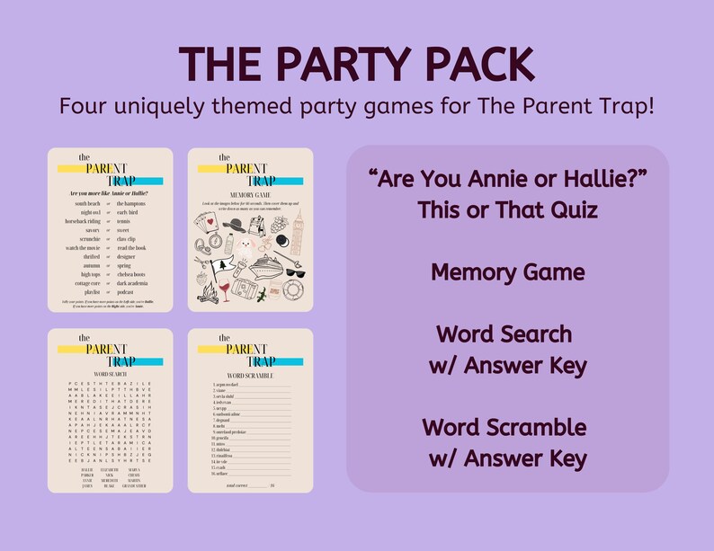 The Parent Trap Party Pack | Editable Printable Party Games | Movie ...
