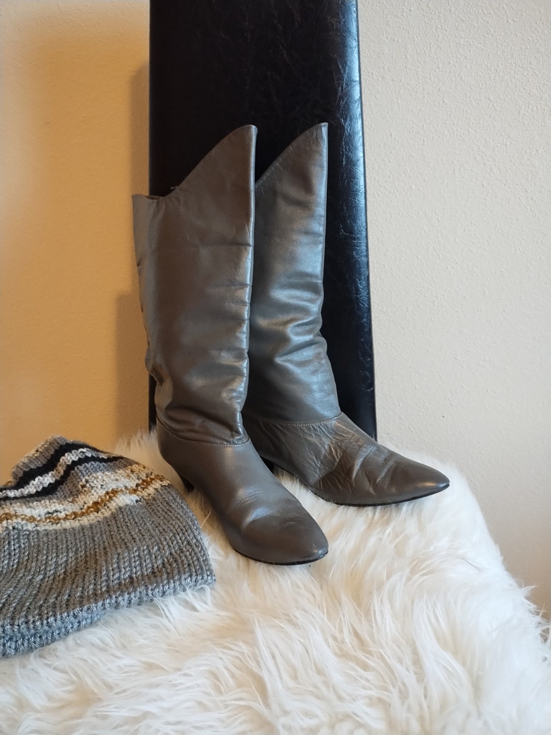 80's Cobbies Charcoal Gray Leather Knee Hi or Slouch Boots - Etsy