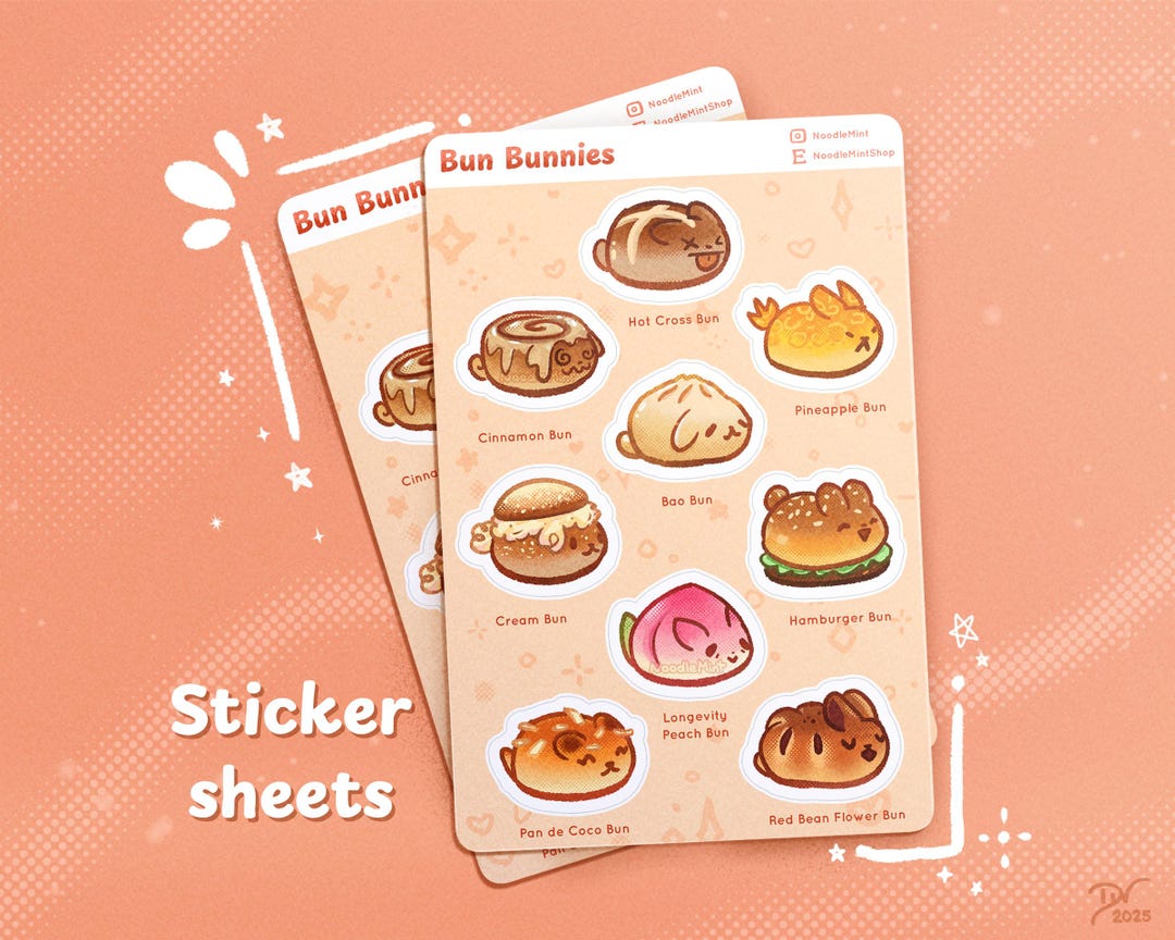Bun Bunnies Sticker Sheet | Cute Bread Inspired Rabbits, Cartoon Easter ...