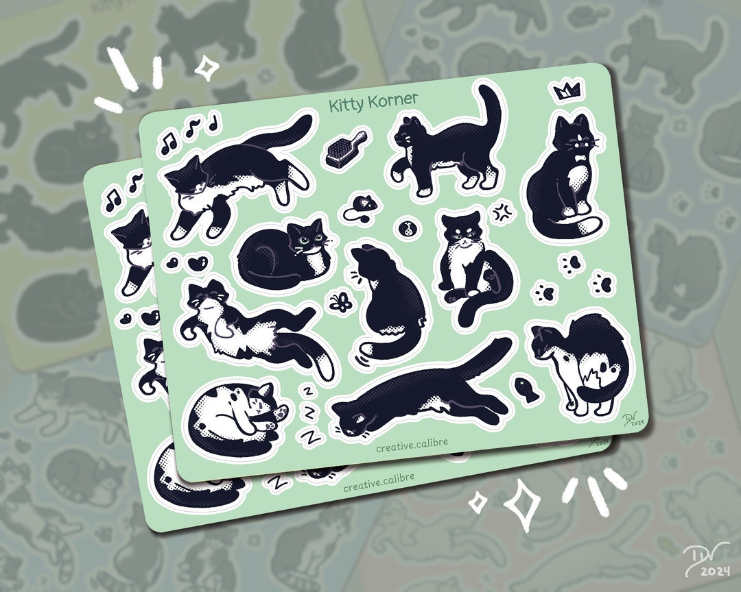 Kitty Korner Sticker Sheet - Tuxedo || Cat Sticker Sheet, Black and ...