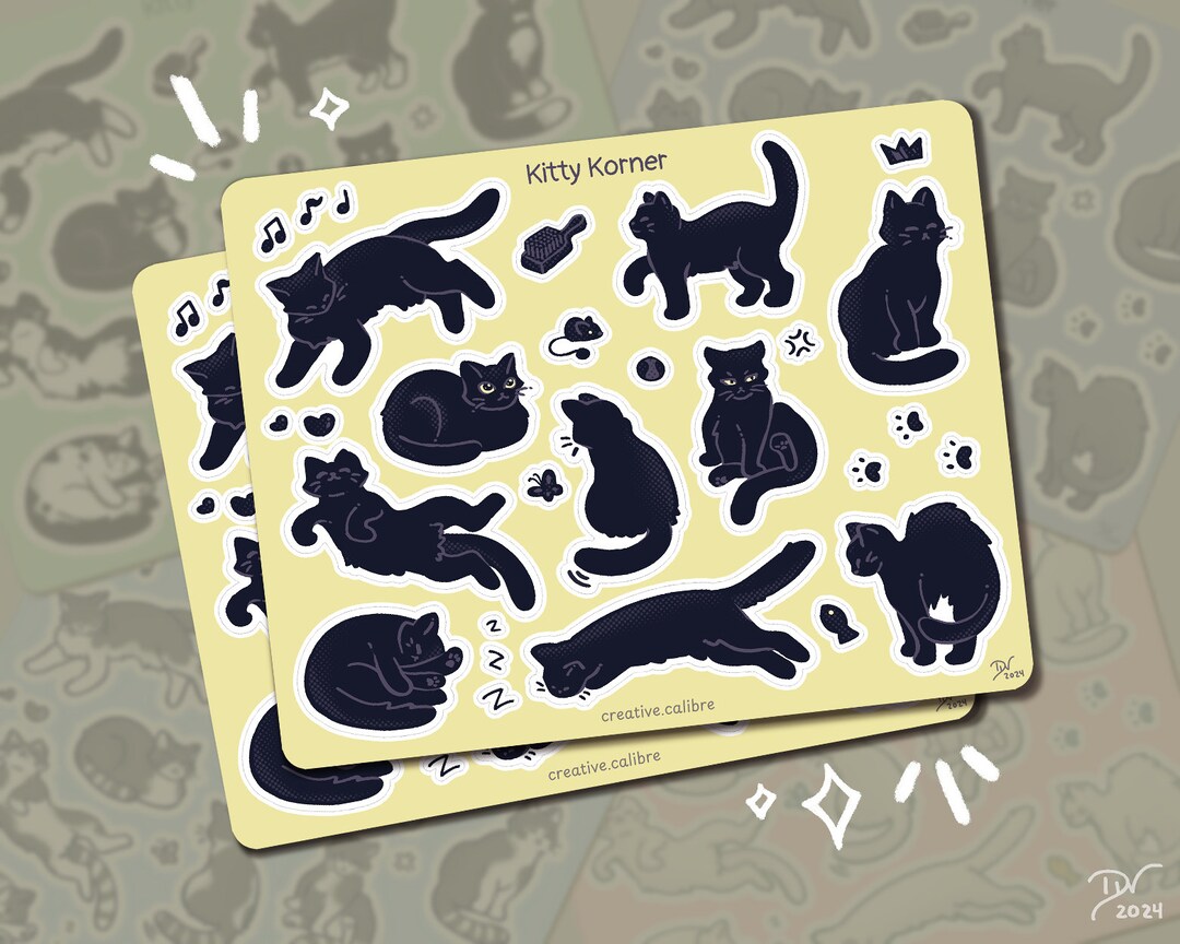 Kitty Korner Sticker Sheet - Black || Cat Sticker Sheet, Black Cat ...