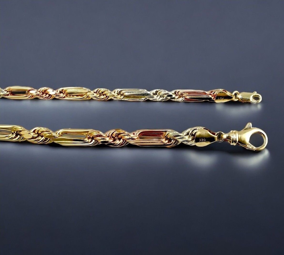 14K Tri Color Figaro Rope Chain Necklace Milano 14k Tri Color Gold ...
