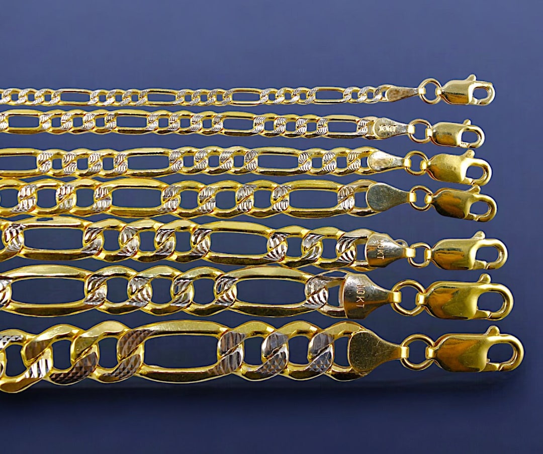 10K Figaro Pave Chain Necklace 10k Yellow Gold Link All Sizes Real Gold ...
