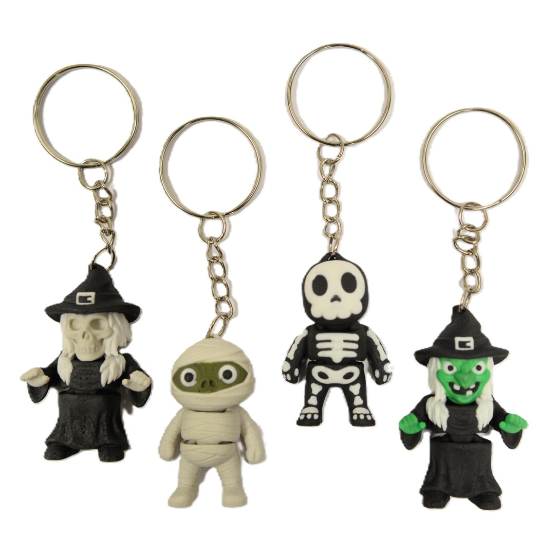 Halloween Keychain Set – Mummy, Skeleton, Skull Witch & Witch | Posable ...