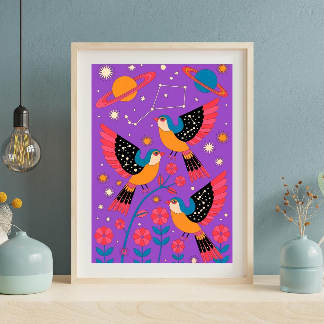 Cosmic Birds Wall Art – Vibrant Celestial Bird and Flower Digital Print ...