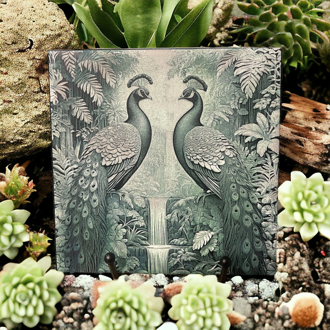 Lasered Peacock Art Tile: Green Tone Decor (6x6 With Stand) - Etsy