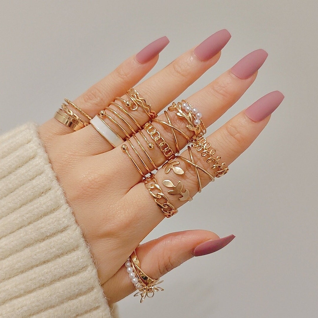 UK Seller! 22pcs Pearl Gold Plated Set Rings, Gold Ring Set ,gift for Her Gold Midi Ring Set ...