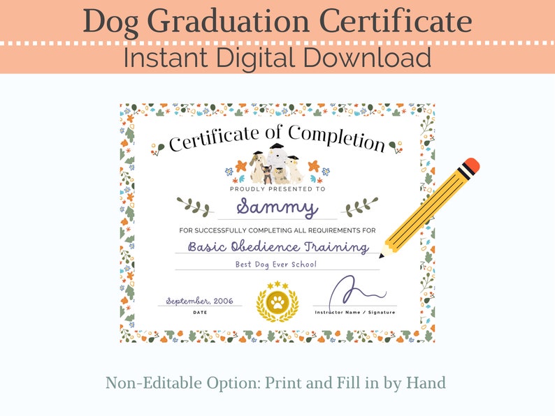 Puppy Graduation Certificate Template, Dog Training Completion Award ...