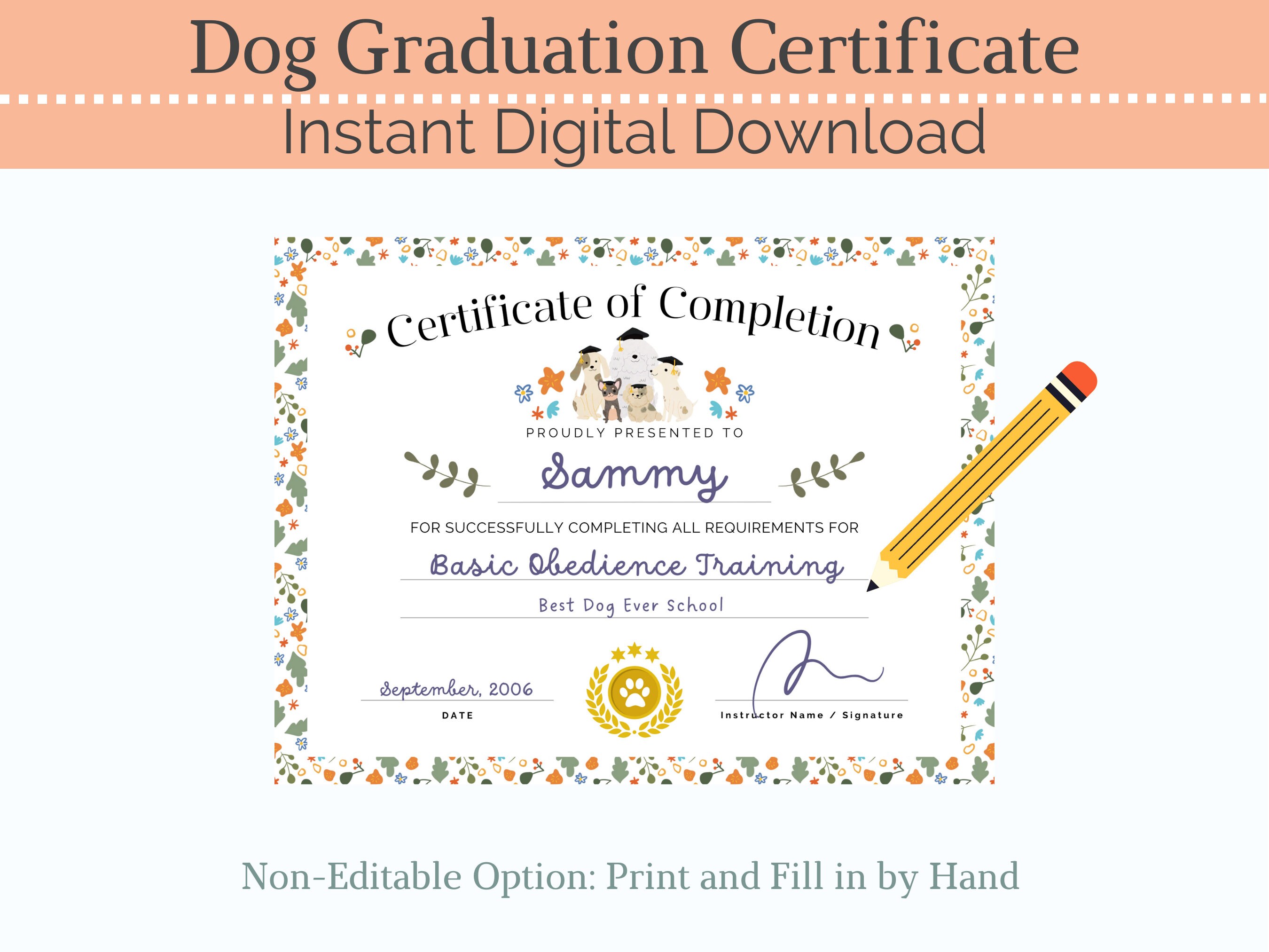 Puppy Graduation Certificate Template, Dog Training Completion Award ...