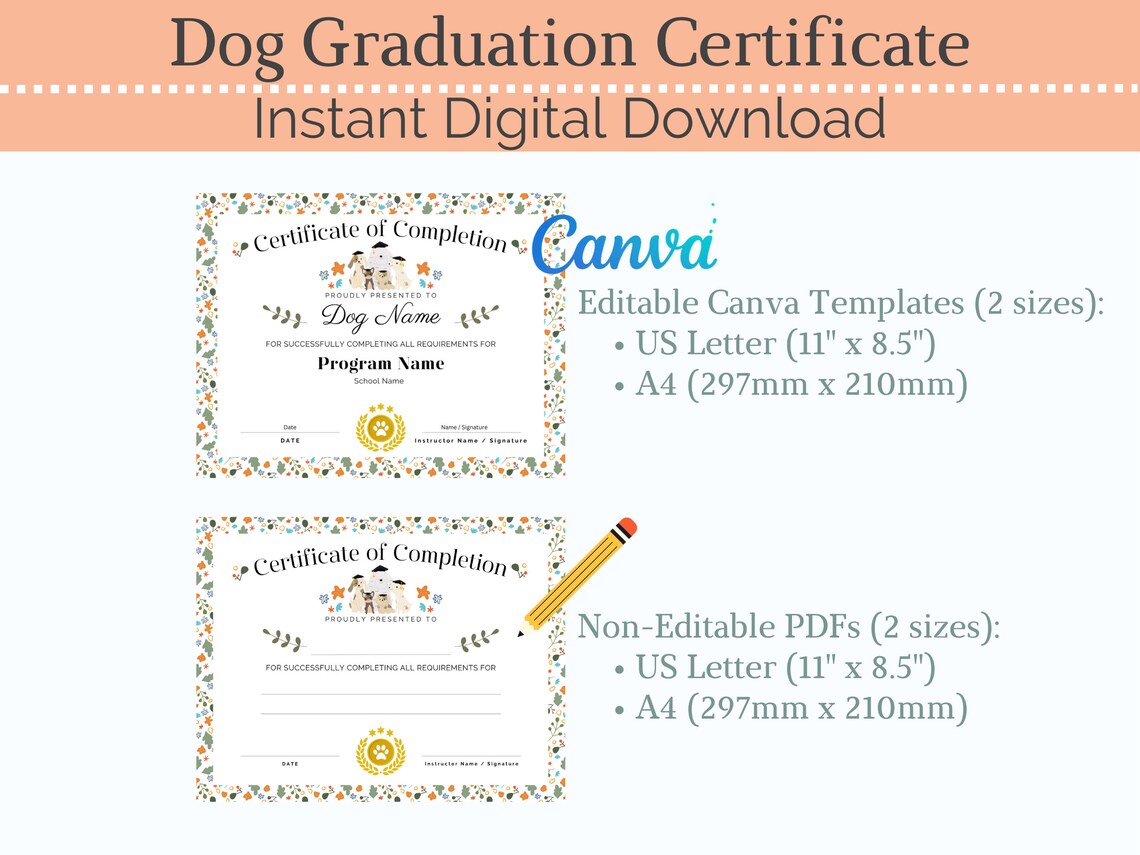 Puppy Graduation Certificate Template, Dog Training Completion Award ...