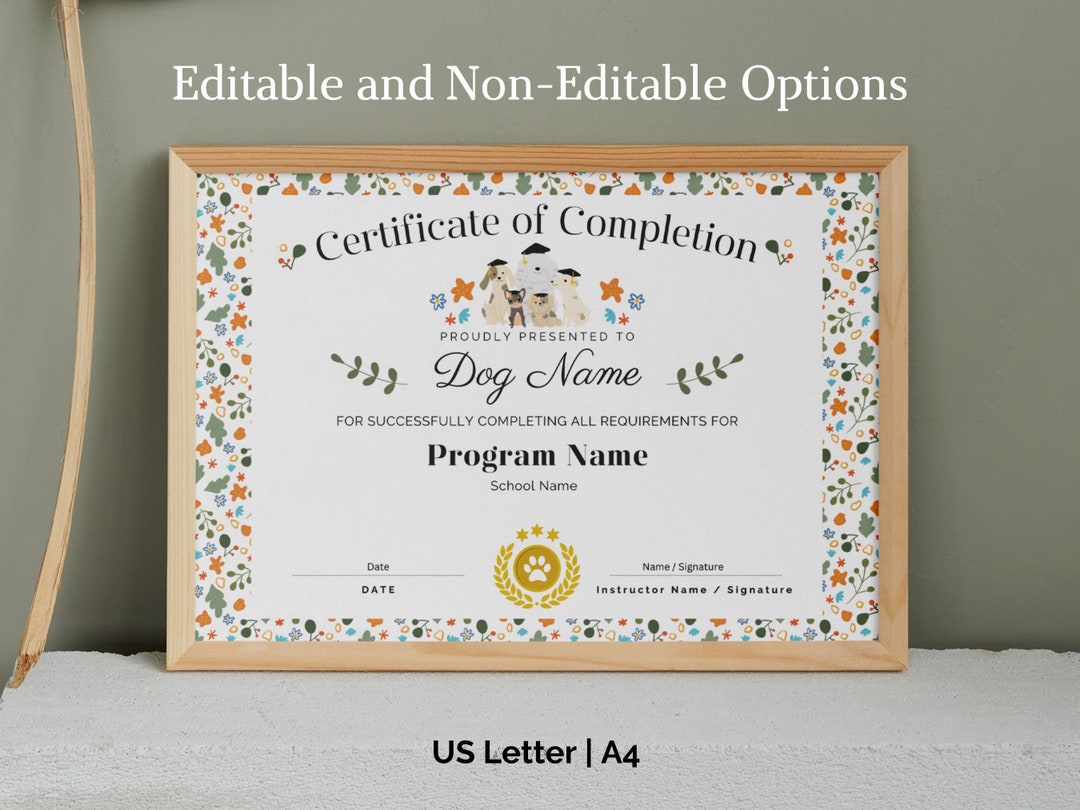 Puppy Graduation Certificate Template, Dog Training Completion Award ...