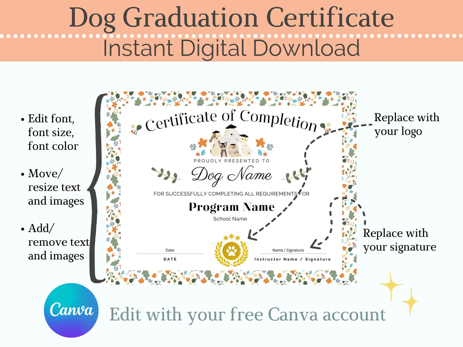 Puppy Graduation Certificate Template, Dog Training Completion Award ...