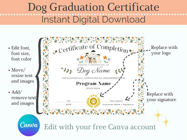 Puppy Graduation Certificate Template, Dog Training Completion Award ...