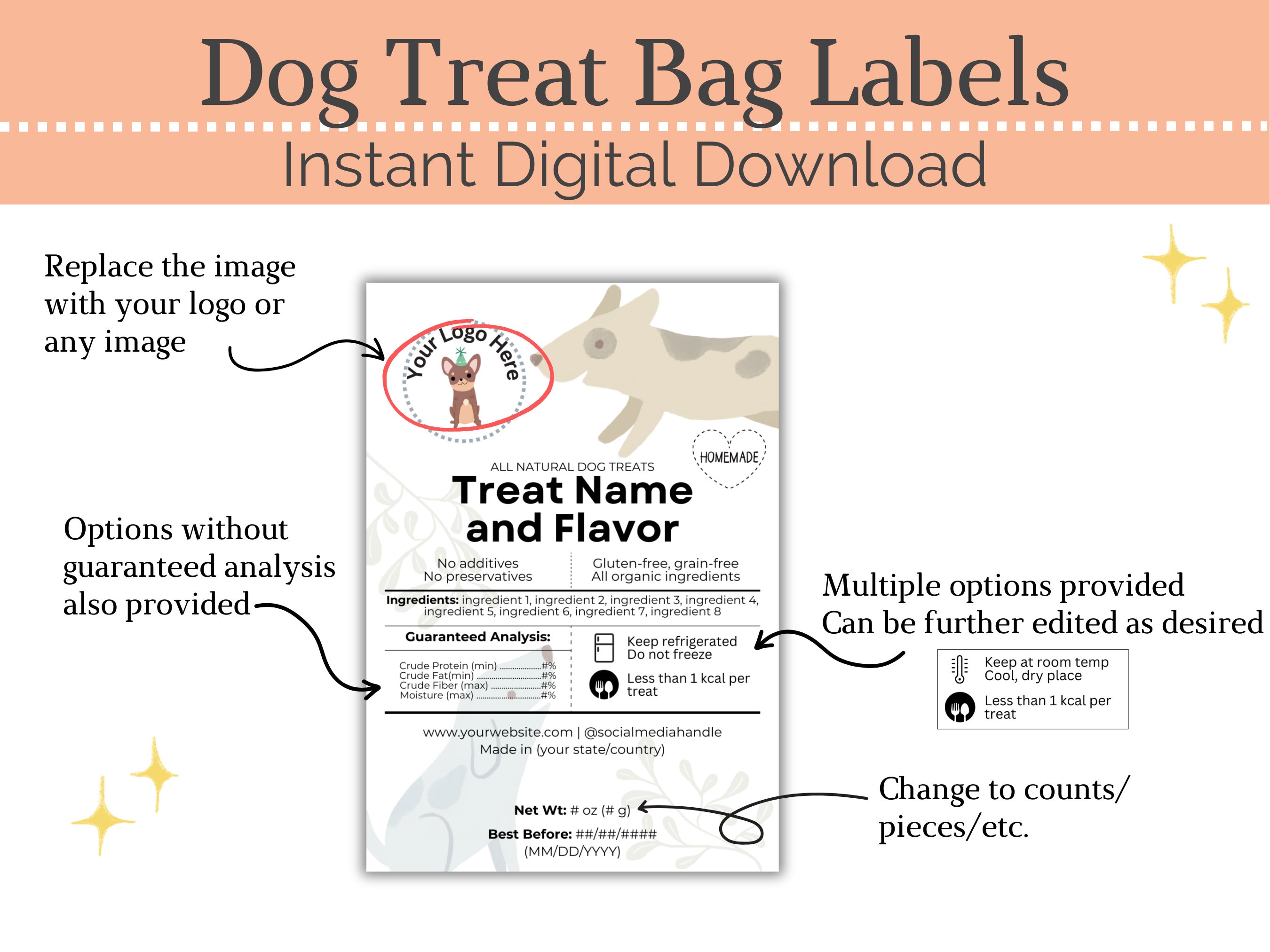 Editable Labels for Dog Treats, Pet Treats, Dog Snack Food Packaging ...
