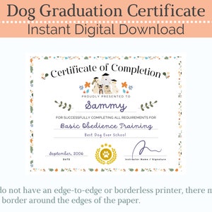 Puppy Graduation Certificate Template, Dog Training Completion Award ...