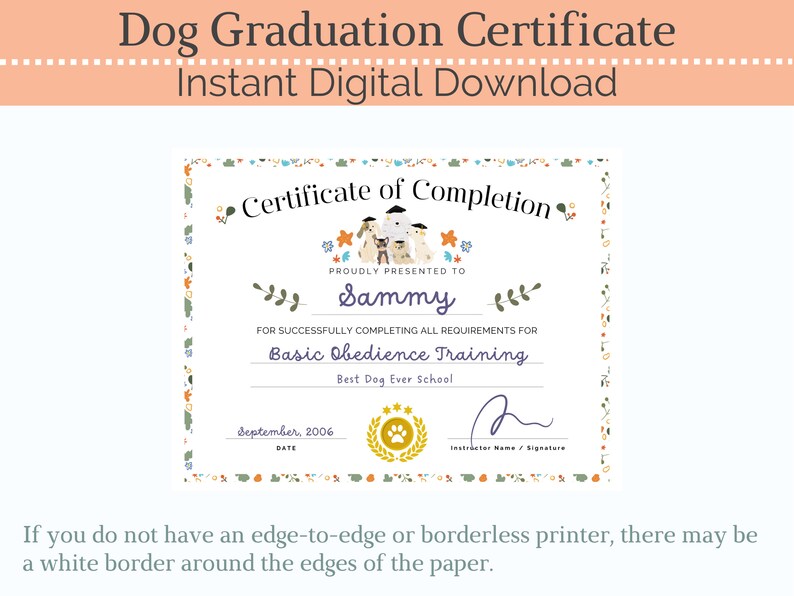 Puppy Graduation Certificate Template, Dog Training Completion Award ...