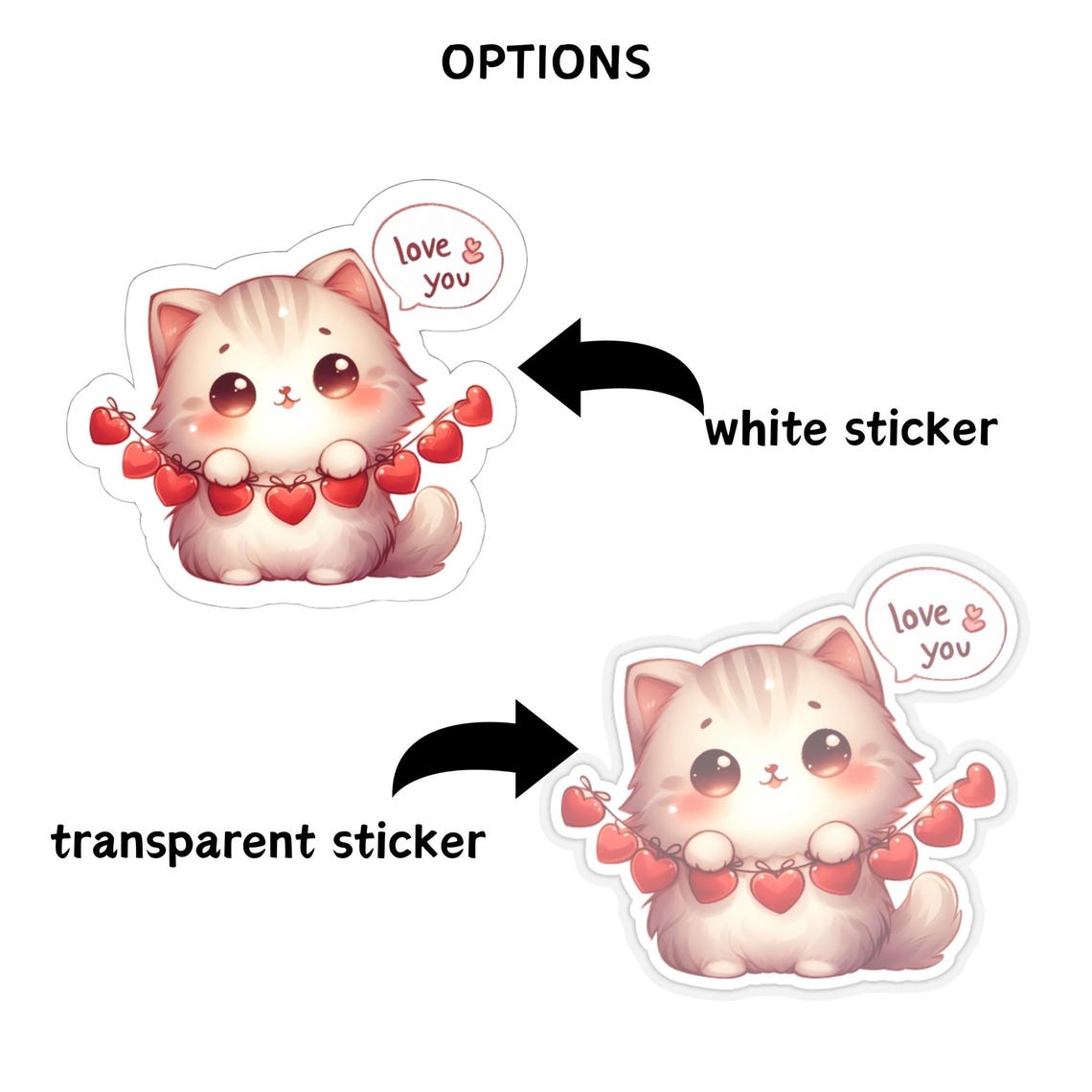 Love You Cute Cat Hearts Cup Kiss-cut Stickers, White & Transparent ...