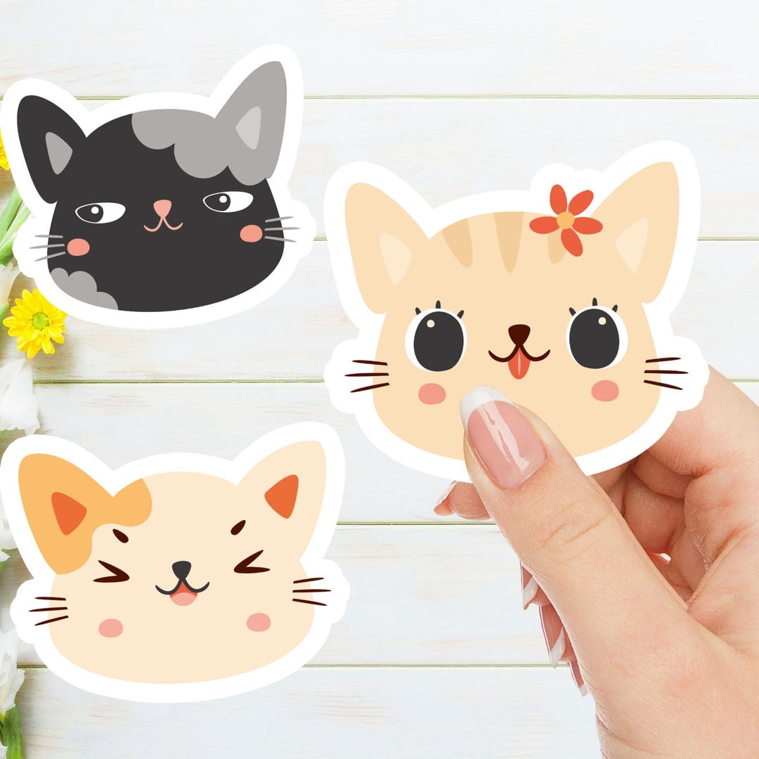 Cat Face Kiss-cut Vinyl Stickers Pack of 3, Cute Kawaii Stickers ...