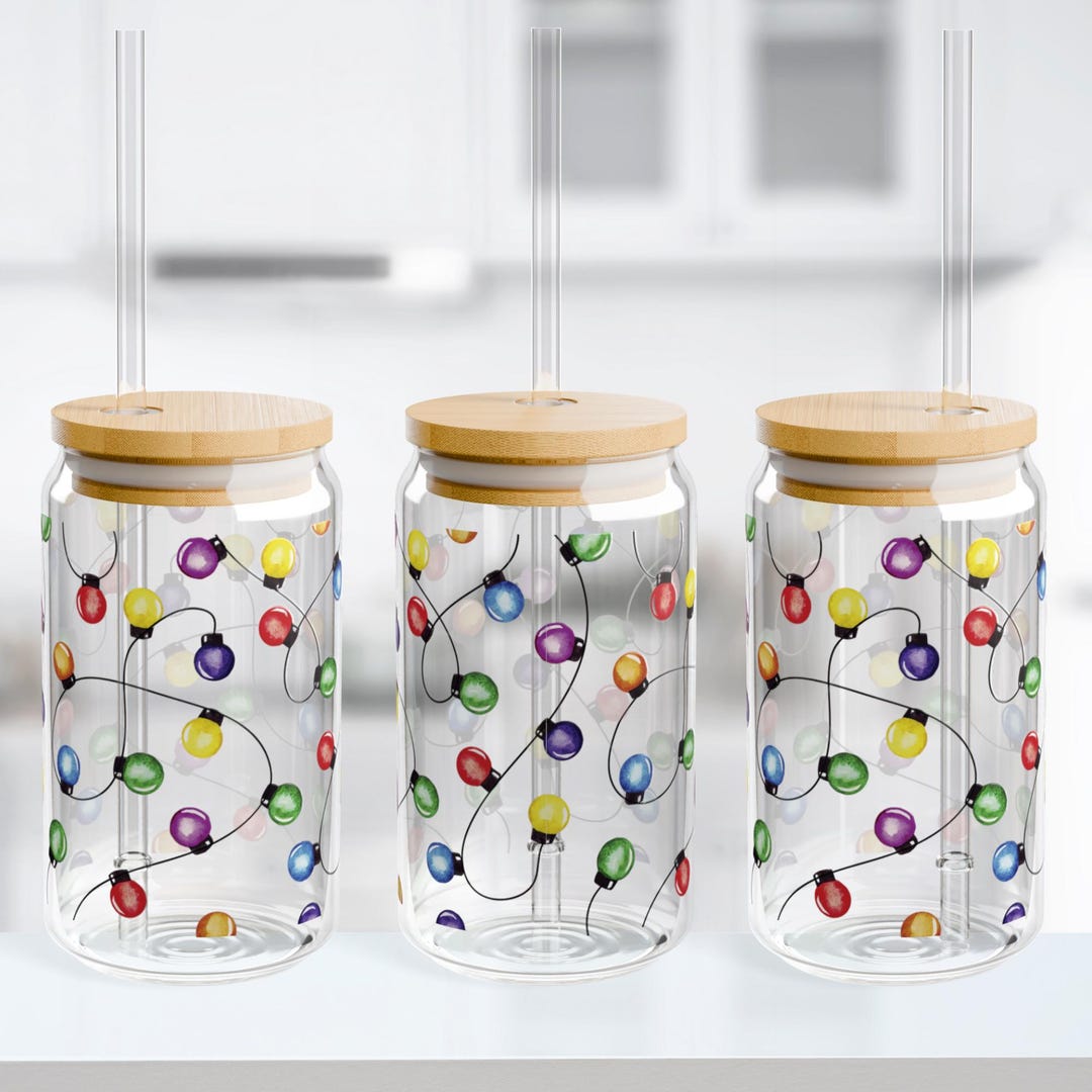 Christmas Lights Sipper Glass With Lid & Straw 16oz, Tumbler Cup ...