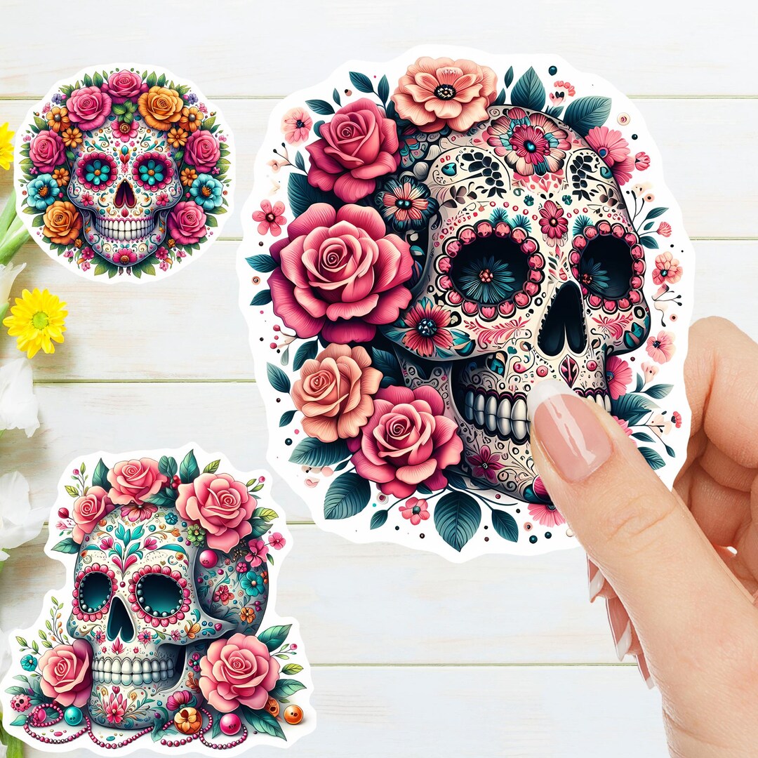 3 Pack Cute Vibrant Sugar Skull Sticker Pack Aesthetic, Valentines ...