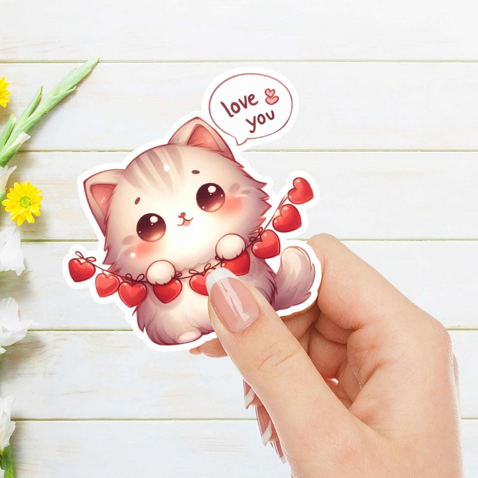 Love You Cute Cat Hearts Cup Kiss-cut Stickers, White & Transparent ...