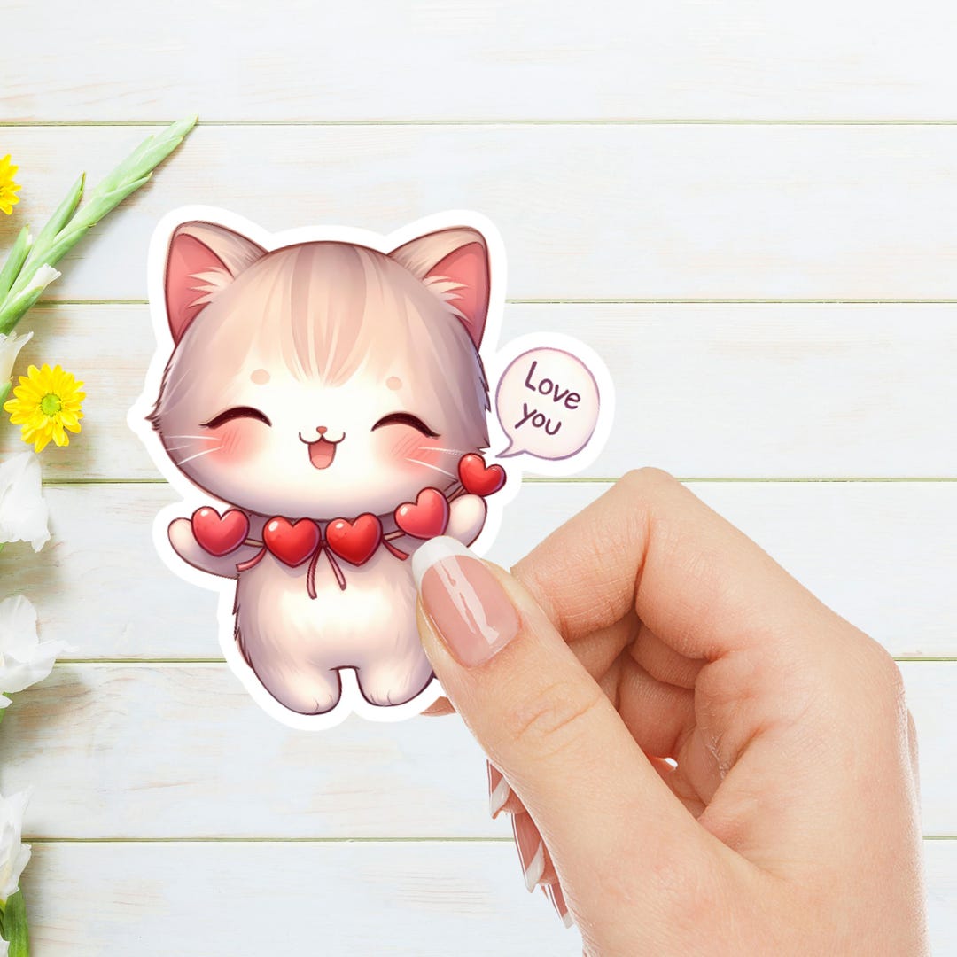 Love You Cute Cat Hearts Cup Kiss-cut Stickers, White & Transparent ...