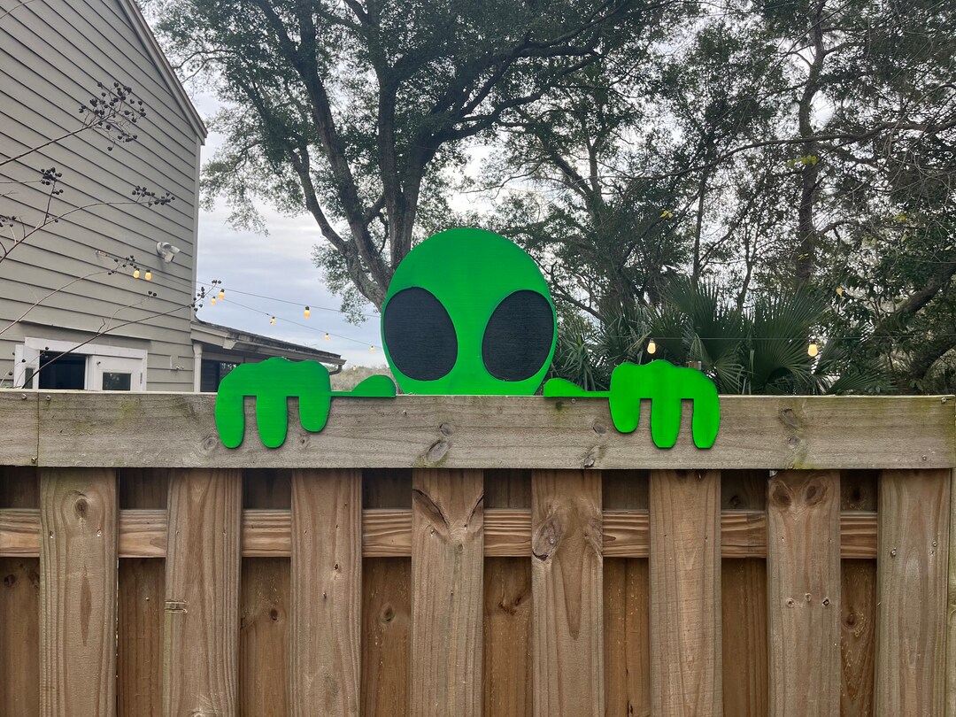 Handcrafted Green Alien Fence Peeker: Whimsical Outdoor Decor - Etsy